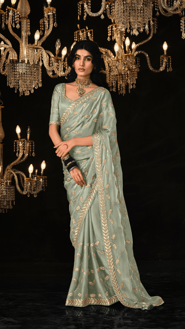 Olive Green Saree With Elegant Silver Embroidery | Kimora.in